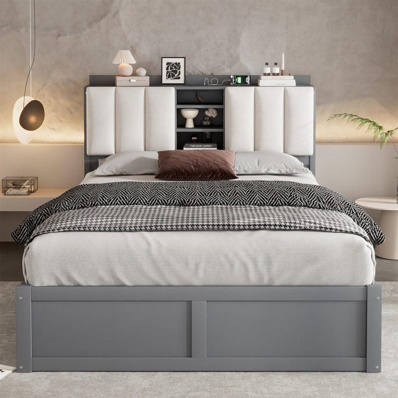 Wood Full Size Platform Bed With Storage Headboard And 4 Drawers Gray